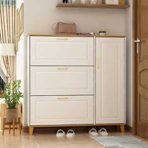 didugo modern shoe storage cabinet with 3 compartment & 1 locker, shoe cabinet organizer for entryway white-walnut (47.2”w x 9.5”d x 49.4”h)