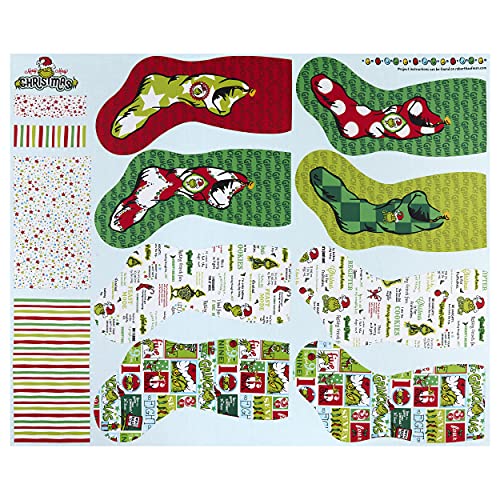 Kaufman How The Grinch Stole Christmas Stockings 36" Panel Holiday, Fabric by the Yard