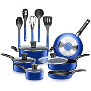 serenelife kitchenware pots & pans basic kitchen cookware, black non-stick coating inside, heat resistant lacquer (15-piece set), one size, blue