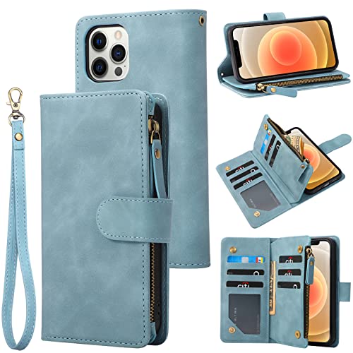 RANYOK Wallet Case Compatible with iPhone 13 Pro (6.1 inch), Premium PU Leather Zipper Flip Folio Wallet RFID Blocking with Wrist Strap Magnetic Closure Built-in Kickstand Protective Case (Baby Blue)