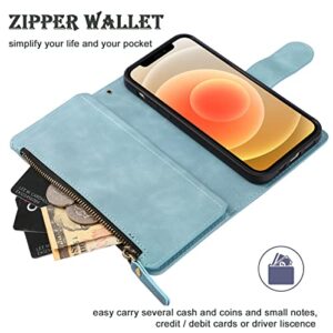 RANYOK Wallet Case Compatible with iPhone 13 Pro (6.1 inch), Premium PU Leather Zipper Flip Folio Wallet RFID Blocking with Wrist Strap Magnetic Closure Built-in Kickstand Protective Case (Baby Blue)