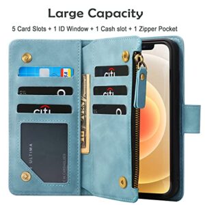 RANYOK Wallet Case Compatible with iPhone 13 Pro (6.1 inch), Premium PU Leather Zipper Flip Folio Wallet RFID Blocking with Wrist Strap Magnetic Closure Built-in Kickstand Protective Case (Baby Blue)