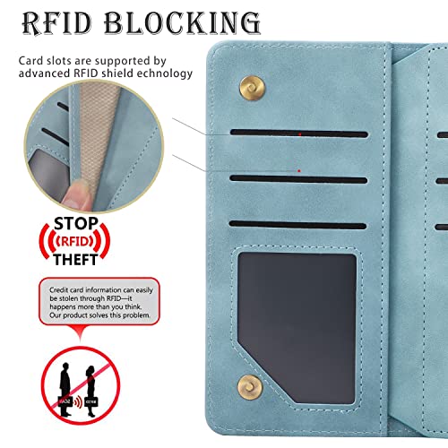 RANYOK Wallet Case Compatible with iPhone 13 Pro (6.1 inch), Premium PU Leather Zipper Flip Folio Wallet RFID Blocking with Wrist Strap Magnetic Closure Built-in Kickstand Protective Case (Baby Blue)