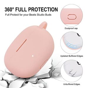 Filoto Case for New Beats Studio Buds 2021, Silicone Beats Studio Buds Charging Case Cover Wireless Earbuds Shockproof Protective Accesorries with Pom Pom Keychain(Pink)