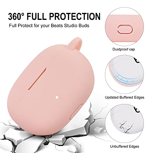 Filoto Case for New Beats Studio Buds 2021, Silicone Beats Studio Buds Charging Case Cover Wireless Earbuds Shockproof Protective Accesorries with Pom Pom Keychain(Pink)