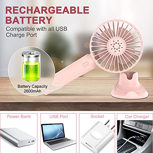 CHOKOVIE Handheld Pocket Fan, Mini Portable Fan 2000mAh Battery Operated Speed Adjustable USB Rechargeable Fan, USB Desk Fan with Base for Kids Girls Women Men Indoor Outdoor Travel (Pink)