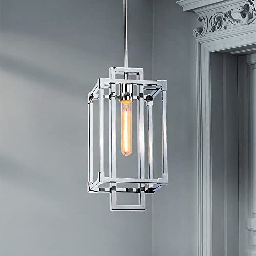 BUNKOS 1-Light Lantern Pendant Light in Chrome Finish, Geometric Hanging Light Fixture, 8" Farmhouse Chandelier for Kitchen Island Foyer Hallway, Adjustable Height, T10 Bulb Included