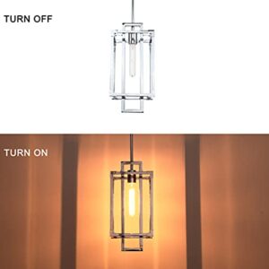 BUNKOS 1-Light Lantern Pendant Light in Chrome Finish, Geometric Hanging Light Fixture, 8" Farmhouse Chandelier for Kitchen Island Foyer Hallway, Adjustable Height, T10 Bulb Included