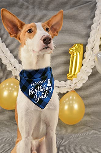 YHTWIN Funny Cute Cotton Blue Plaid Happy Birthday Dad Pet Dog Bandanas, Pet Birthday Party Decorations Supplies Dad Dog Birthday Triangle Bibs, Dog Lover Prop Pet Accessories Gift