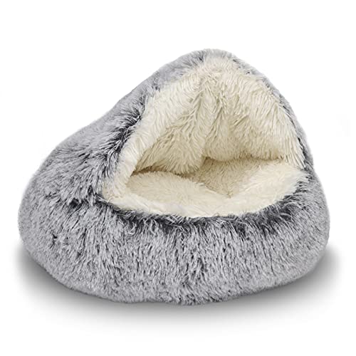 ShinHye Cat Bed Round Plush Fluffy Hooded Cat Bed Cave, Cozy for Indoor Cats or Small Dog beds, Soothing Pet Beds Doughnut Calm Anti-nxiety Dog Bed - Waterproof Bottom Washable, (20×20inch, Grey)