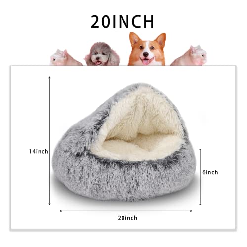 ShinHye Cat Bed Round Plush Fluffy Hooded Cat Bed Cave, Cozy for Indoor Cats or Small Dog beds, Soothing Pet Beds Doughnut Calm Anti-nxiety Dog Bed - Waterproof Bottom Washable, (20×20inch, Grey)