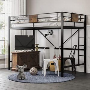 sha cerlin metal twin loft bed frame with stairs & full-length guardrail, space-saving, juniors and adults, noise free, black