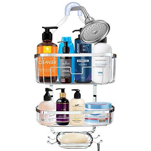 Bathroom Hanging Shower Caddy Over Shower Head, Shower Organizer, Shower Shelf, 3-layer Hanging Basket with 1 Adhesive Wall Hook Screws Stickers 2 Sucker, No Need to Perforat, Surface Plating