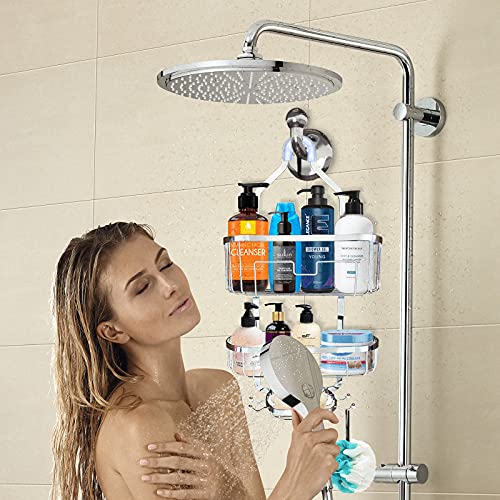 Bathroom Hanging Shower Caddy Over Shower Head, Shower Organizer, Shower Shelf, 3-layer Hanging Basket with 1 Adhesive Wall Hook Screws Stickers 2 Sucker, No Need to Perforat, Surface Plating