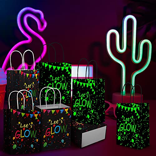 16 Pcs Let's Glow Party Favor Bags Glow Gift Bags Glow in The Dark Party Supplies Neon Theme Party Favors Luminous Gift Wrap Bags for Treats Candy Goodie Kids Birthday Party Decorations