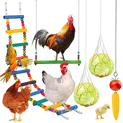 5 Pcs Chicken Toys Set for Hens Chicken Bird Hanging Swing Ladder Toys for Coop Accessories Chicken Pecking Toys Veggies Skewer Vegetable Fruit Hanging Feeder Bag for Chicks Pet Parrots Stress Relief