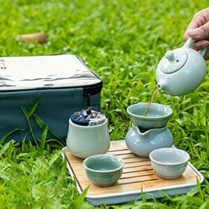 Ceramic Kungfu Tea Sets 12 Piece,Mini Protable Travel Tea Set With Tea Pot, 4x Tea Cups, Bamboo Tea Tray, Tea Canister, Travel Bag |Asian Tea Set Suitable for Office, Picnic, Home, BusinessTrip