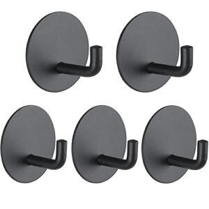 5 packs black adhesive wall hooks, veriya waterproof hook door hanger, heavy duty wall hook for hanging robe coat towel keys bags, bathroom toilet kitchen office closet cabinet