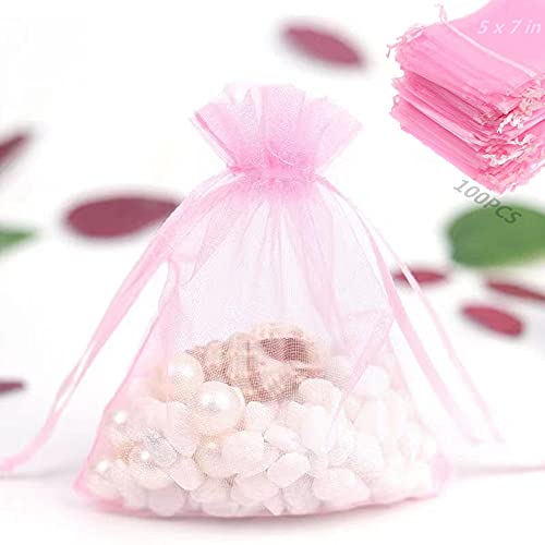 SQULIGT 100 Pcs Pink Organza Bags, 5 x 7 inches Christmas Wedding Favors Gift Drawstring Bags Jewelry Pouches Candy Mesh Pouches