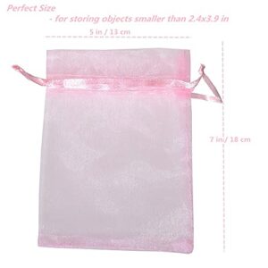 SQULIGT 100 Pcs Pink Organza Bags, 5 x 7 inches Christmas Wedding Favors Gift Drawstring Bags Jewelry Pouches Candy Mesh Pouches