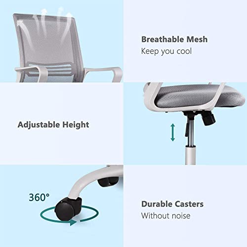 Smugdesk Ergonomic Mid Back Breathable Mesh Swivel Desk Chair with Adjustable Height and Lumbar Support Armrest for Home, Office, and Study, Gray