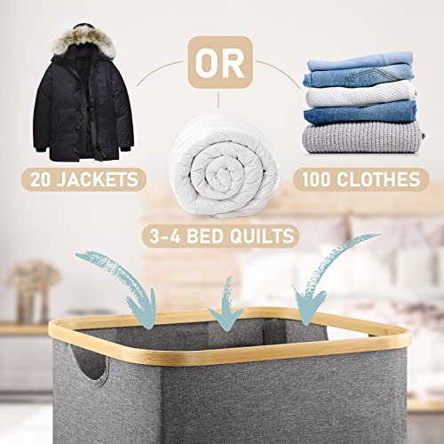 105L X-Large Foldable Laundry Basket with Bamboo Handles, Collapsible Laundry Hamper for Storage, Clothes Towels Blankets Toys Organizer for Bathroom, Bedroom, Dorm Room Essentials - Pack of 1 Gray