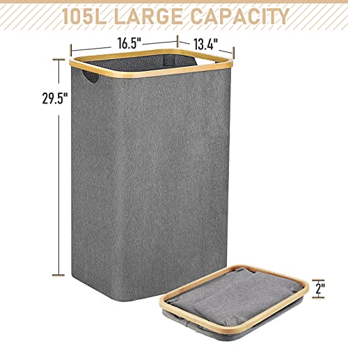 105L X-Large Foldable Laundry Basket with Bamboo Handles, Collapsible Laundry Hamper for Storage, Clothes Towels Blankets Toys Organizer for Bathroom, Bedroom, Dorm Room Essentials - Pack of 1 Gray