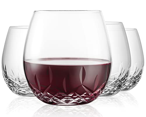 Hand Cut Stemless Wine Glasses by SHOSHIN - Lead-free Crystal Drinking Glass - Perfect gift for Him or Her (15 Oz, Set of 4)…