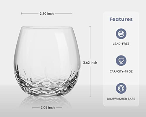 Hand Cut Stemless Wine Glasses by SHOSHIN - Lead-free Crystal Drinking Glass - Perfect gift for Him or Her (15 Oz, Set of 4)…