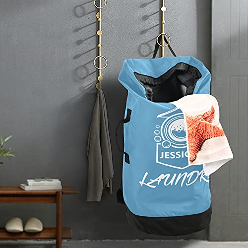 Custom Ocean Blue Laundry Backpack Large Heavy Duty Laundry Bag with Adjustable Shoulder Straps Laundry backpack for Traveling Dirty Clothes Organizer for College Students Waterproof