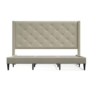 Glenwillow Home Huppe Upholstered Platform Bed Frame/Button Tufted MCM Wingback/Mattress Foundation/No Box Spring Needed/Easy Assembly, Beige, California King