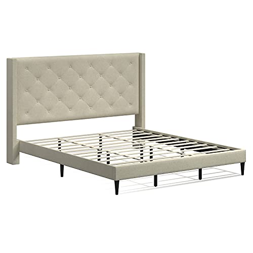 Glenwillow Home Huppe Upholstered Platform Bed Frame/Button Tufted MCM Wingback/Mattress Foundation/No Box Spring Needed/Easy Assembly, Beige, California King