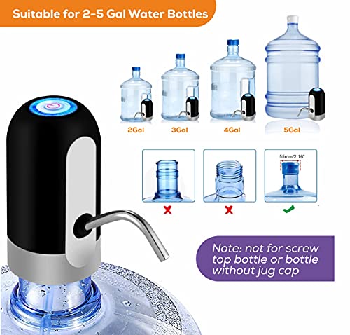 TBZWater Pump 5 Gallon Water Dispenser with USB Charging Automatic Electric Portable for Use of 2-5 Gallons Bottles Ideal for Home Kitchen Office and Outdoors (Black)