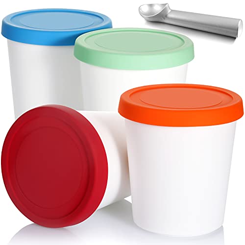 Ice Cream Containers 5 Pack 1Qt Freezer Storage Tubs with Silicone Lids and Spoon for Homemade Ice Cream for Homemade Ice Cream, Sorbet Dishwasher Safe (Blue, Red, Green, Orange)