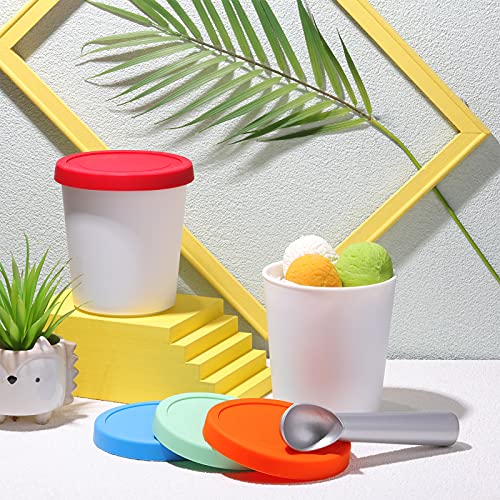 Ice Cream Containers 5 Pack 1Qt Freezer Storage Tubs with Silicone Lids and Spoon for Homemade Ice Cream for Homemade Ice Cream, Sorbet Dishwasher Safe (Blue, Red, Green, Orange)