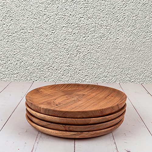 Samhita Acacia Wood Round Wood Plates Set of 4, Easy Cleaning & Lightweight for Dishes Snack, Dessert.(7" x 7" x 1")