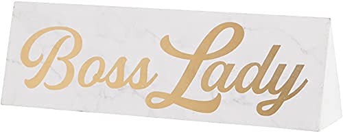 Boss Desk Art for Women and Men Office Decor with Novelty Quote Desk Sign and Plate (Boss Lady, White, Wood)