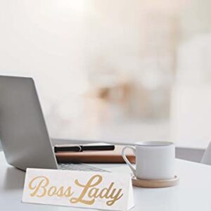 Boss Desk Art for Women and Men Office Decor with Novelty Quote Desk Sign and Plate (Boss Lady, White, Wood)