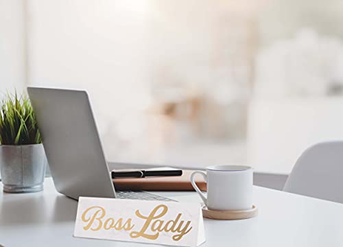 Boss Desk Art for Women and Men Office Decor with Novelty Quote Desk Sign and Plate (Boss Lady, White, Wood)