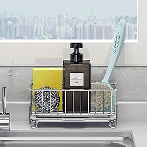 Kitchen Sink Caddy Organizer, Sponge Holder with Drain Pan, 304 Stainless Steel, for Sponges, Soap, Kitchen, Bathroom, Silver