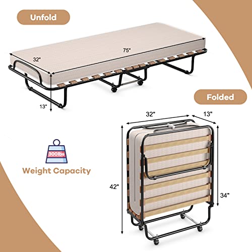 GOFLAME Rollaway Folding Bed with Soft Memory Foam Mattress, Portable Sleeper Bed Cot Size with Metal Frame for Adults, Guest Bed for Spare Bedroom and Office (Beige)