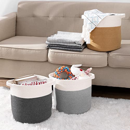 Lamberia 3 Packs Woven Storage Basket Bins 11x11" Laundry Basket Cube Organizer Storage Bins Woven Basket Cotton Rope Bin Storage Baskets for Organizing Toys Laundry Blanket Nursery Storage (Brown)