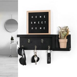 Decorative Key Holder for Wall with Shelf, Entryway Shelf with Hooks Holds Leashes, Jackets and Glasses – Sturdy Wood Keyholder Entrance Hanger with Mounting Hardware (15.6” x 4.7” x 3.5”) (Black)