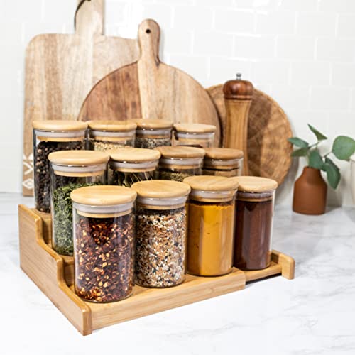 SAVVY & SORTED 12 Natural Bamboo Spice Jars | Large Spice Jars with Bamboo Lids | Seasoning Containers Glass Jars with Airtight Lids | Spice Jars Natural Bamboo Containers Kitchen Herb Pantry Jars