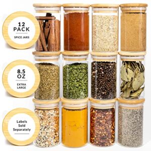 SAVVY & SORTED 12 Natural Bamboo Spice Jars | Large Spice Jars with Bamboo Lids | Seasoning Containers Glass Jars with Airtight Lids | Spice Jars Natural Bamboo Containers Kitchen Herb Pantry Jars