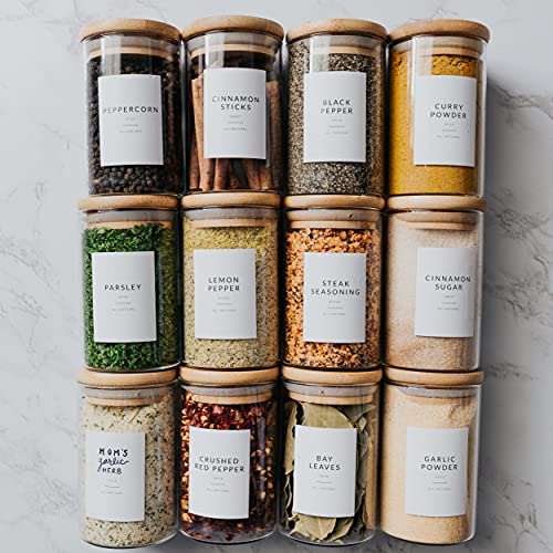 SAVVY & SORTED 12 Natural Bamboo Spice Jars | Large Spice Jars with Bamboo Lids | Seasoning Containers Glass Jars with Airtight Lids | Spice Jars Natural Bamboo Containers Kitchen Herb Pantry Jars