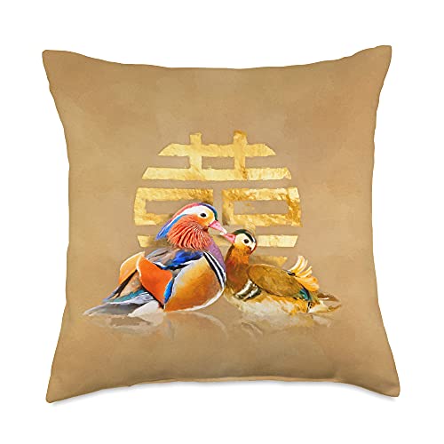 Creativemotions Mandarin Ducks and Double Happiness Symbol Throw Pillow, 18x18, Multicolor