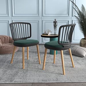 STARWAY Mid Century Modern Dining Chairs Set of 2, Retro Faux Velvet Accent Chair with Solid Wood Legs, Armless Side Chair Leisure Chair for Kitchen, Dining Room & Living Room (Green)