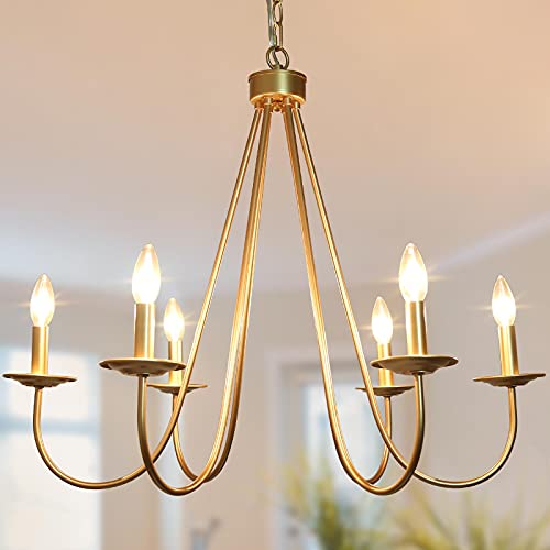 KSANA Modern Gold Chandelier, 6-Light Chandelier Light Fixture, 28’’ Large Hanging Pendant Light for Dining Room, Living Room & Kitchen Island, Soft Gold Finish