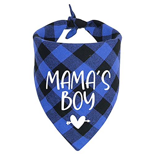 YHTWIN Mama's Boy Blue Plaid Cotton Pet Dog Bandanas, Gender Reveal Photo Pet Scarf Scarves, Dog Birthday Party Decorations Accessories Props for Pet Dog Master Lovers Gift